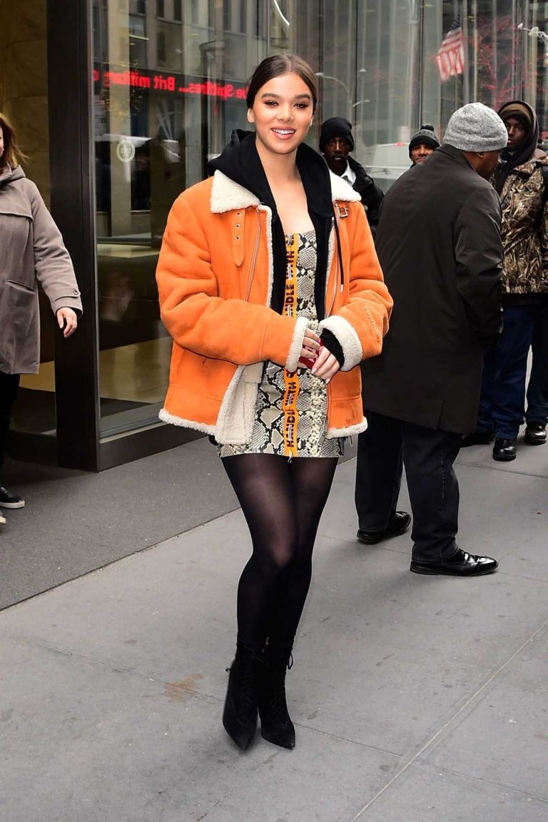 Hailee Steinfeld in a Short an Orange Sheepskin Coat Leaves the ...