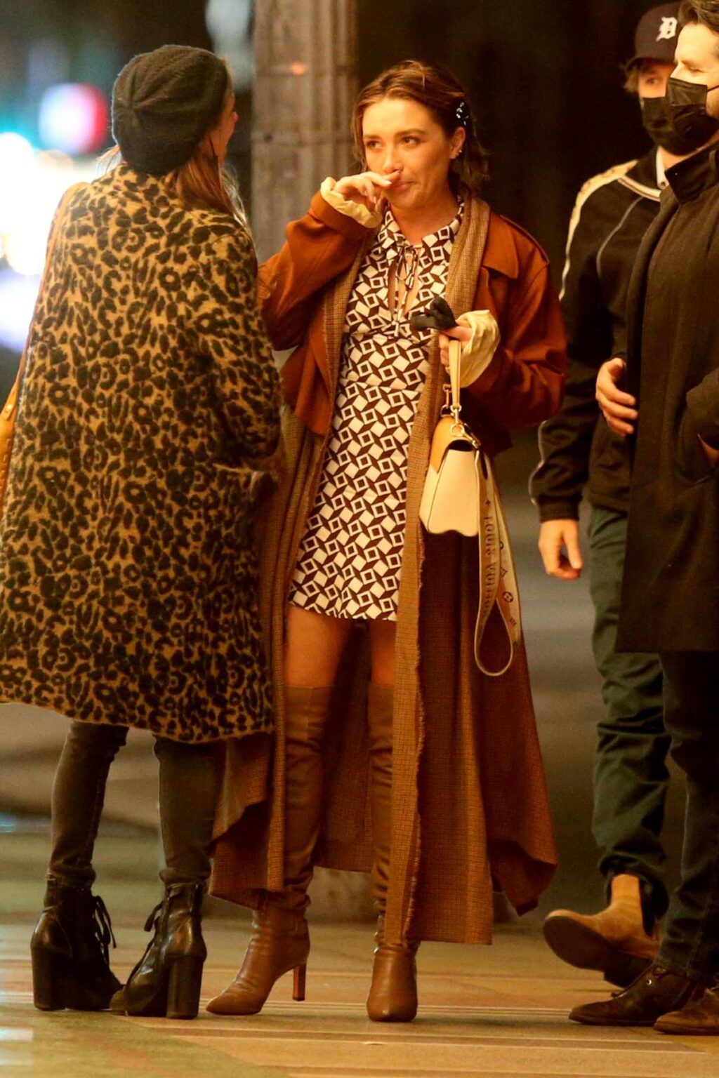 Florence Pugh in a Patterned Mini Dress Enjoys a Night Out with Friends ...